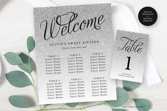 Silver Glitter Seating Chart Sign and Table Numbers, Editable Template ...