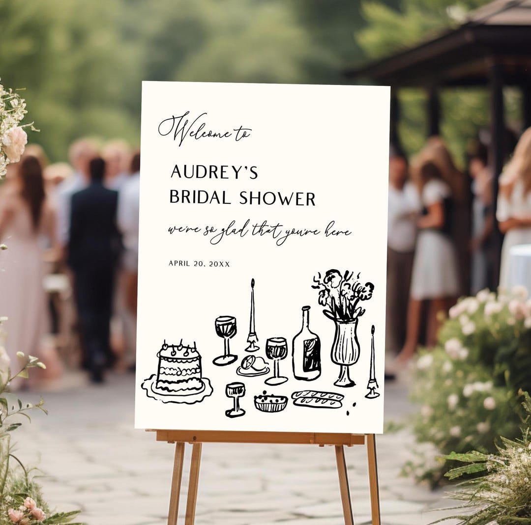 Whimsical Bridal Shower Welcome Sign, Hand Drawn Food and Drinks, Edit ...
