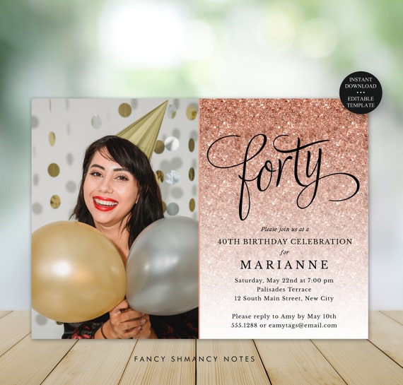 Rose Gold Glitter "Forty" Fancy Script Editable 40th Birthday Photo ...