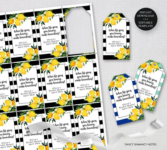 Instant Download Editable Lemon Favor Tags, Custom Color Stripes ...