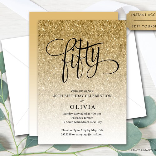 Printable Fifty Gold Glitter Editable 50th Birthday Invitation - Etsy