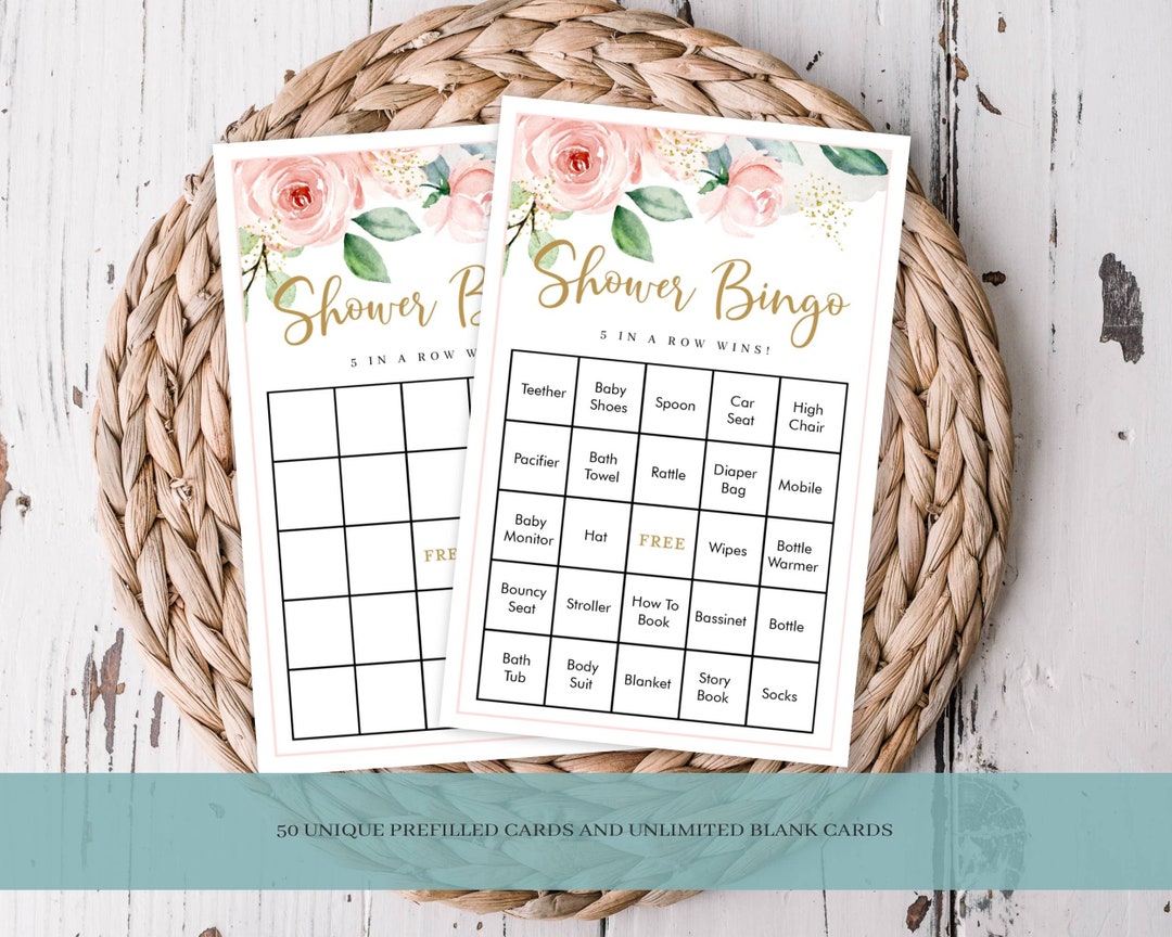 Printable Prefilled Baby Shower Bingo Game, Pink Watercolor Flowers, 50 ...