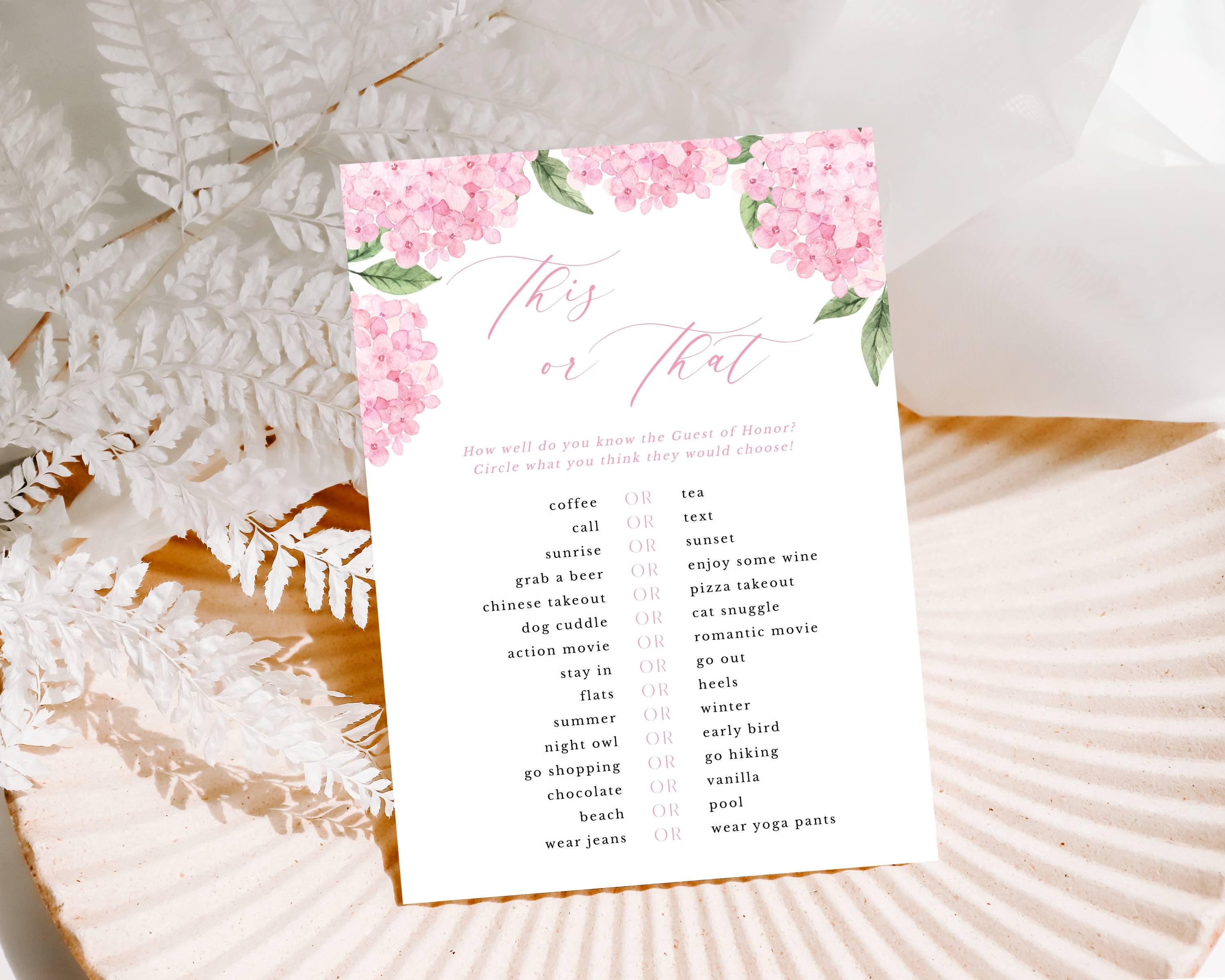 Pink Hydrangea Printable Party Game, "this or That" Watercolor Flowers ...