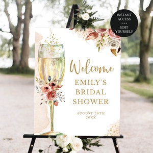 Champagne Glass Editable Welcome Sign Rustic Terracotta Fall Flowers ...