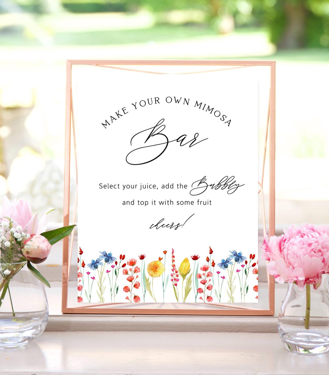 Mimosa Bar Bridal Shower Party Sign, 8x10", Watercolor Wildflower ...