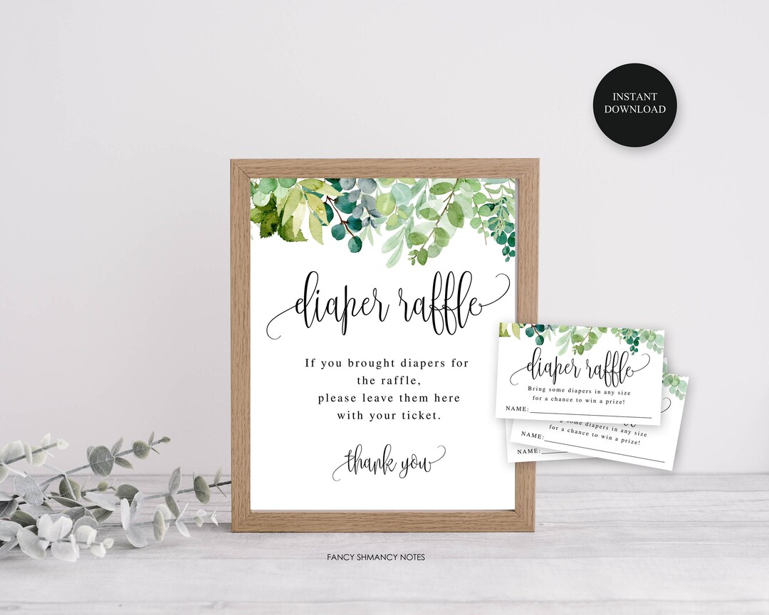 Diaper Raffle Sign and Tickets, Watercolor Greenery, Foliage, Instant ...