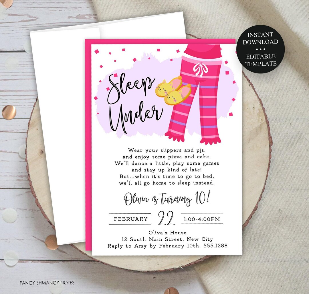 Sleep Under Editable Birthday Pink Pajamas Party Invitation, Edit ...