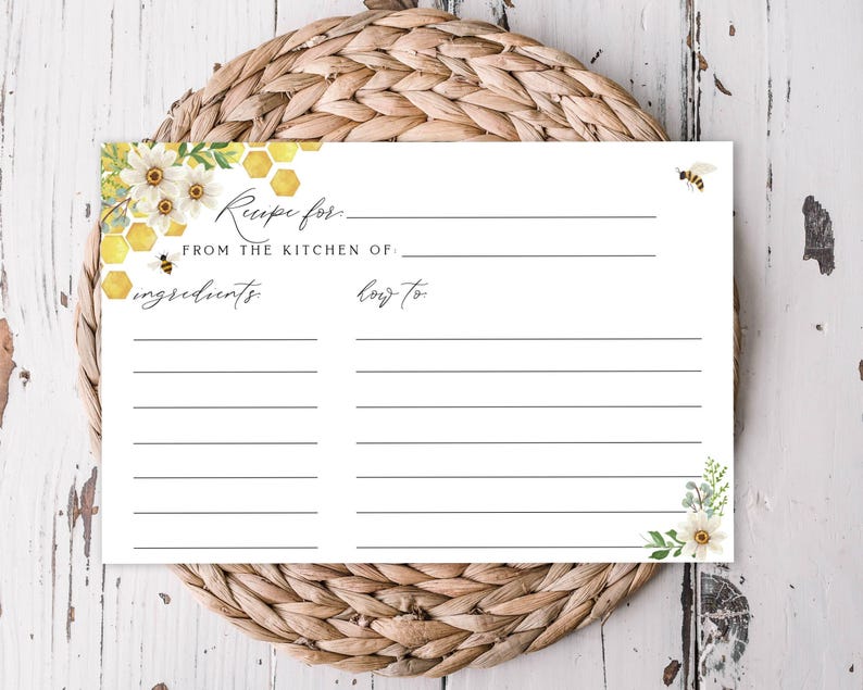 Bee Theme Printable 4x6" Recipe Card Bridal Shower Recipe Card Daisies ...