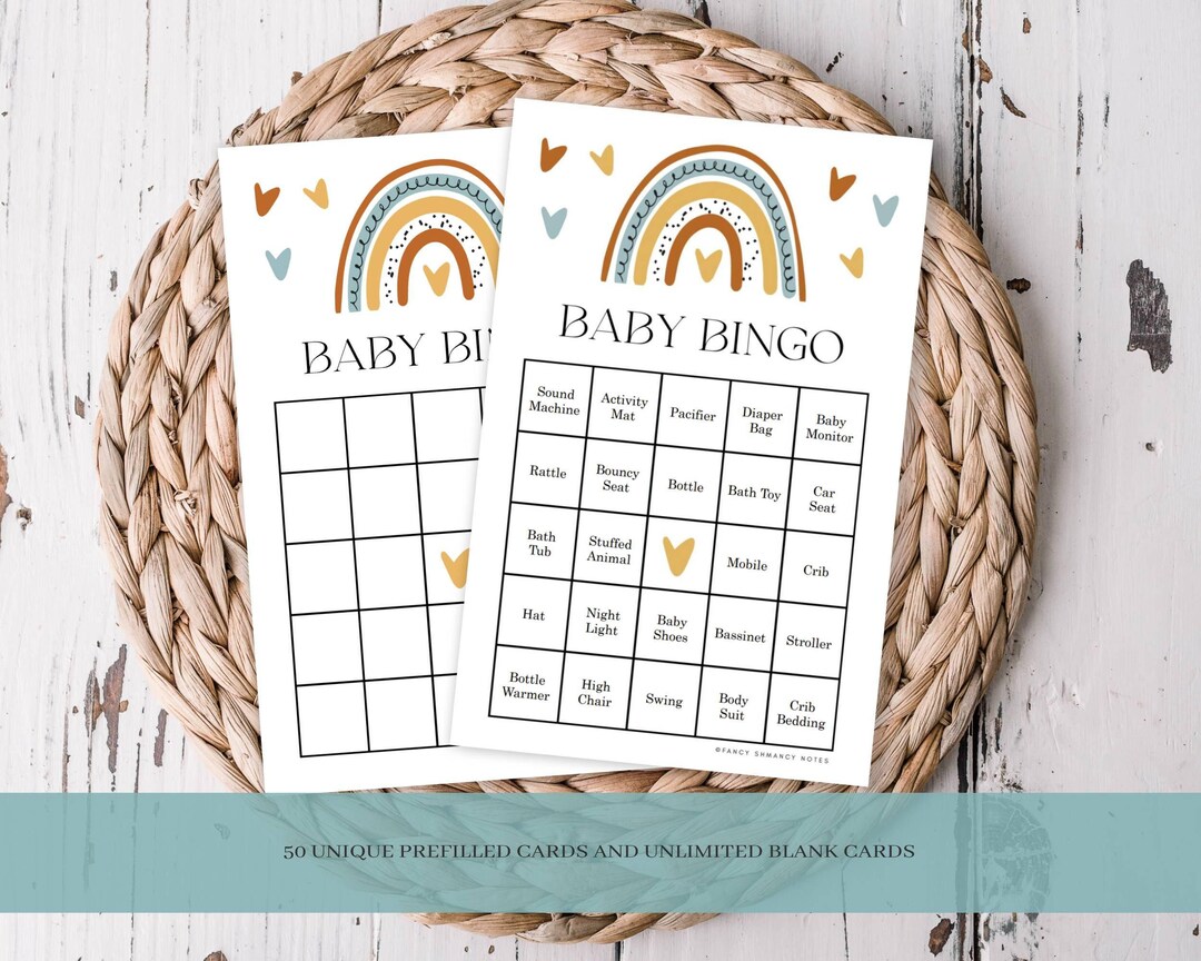 50 Baby Bingo Game Cards Boho Rainbow Earthtones Baby Shower Game ...