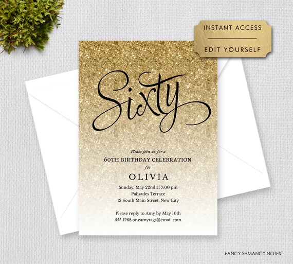 60 "Sixty", Gold Glitter Fancy Script Editable Birthday Party ...