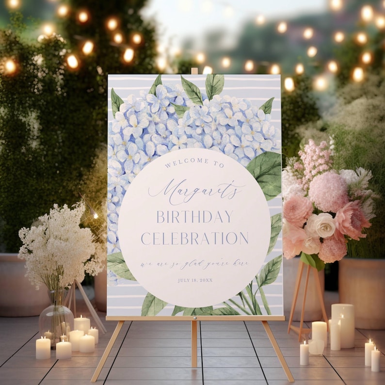 Birthday Party Welcome Sign, Blue Hydrangea, Corjl Editable Template ...