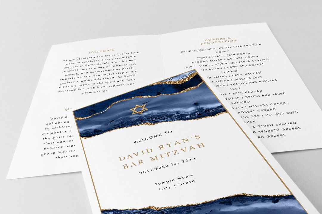 Editable Bar Mitzvah Program Booklet, Blue Gold Agate, Star of David ...