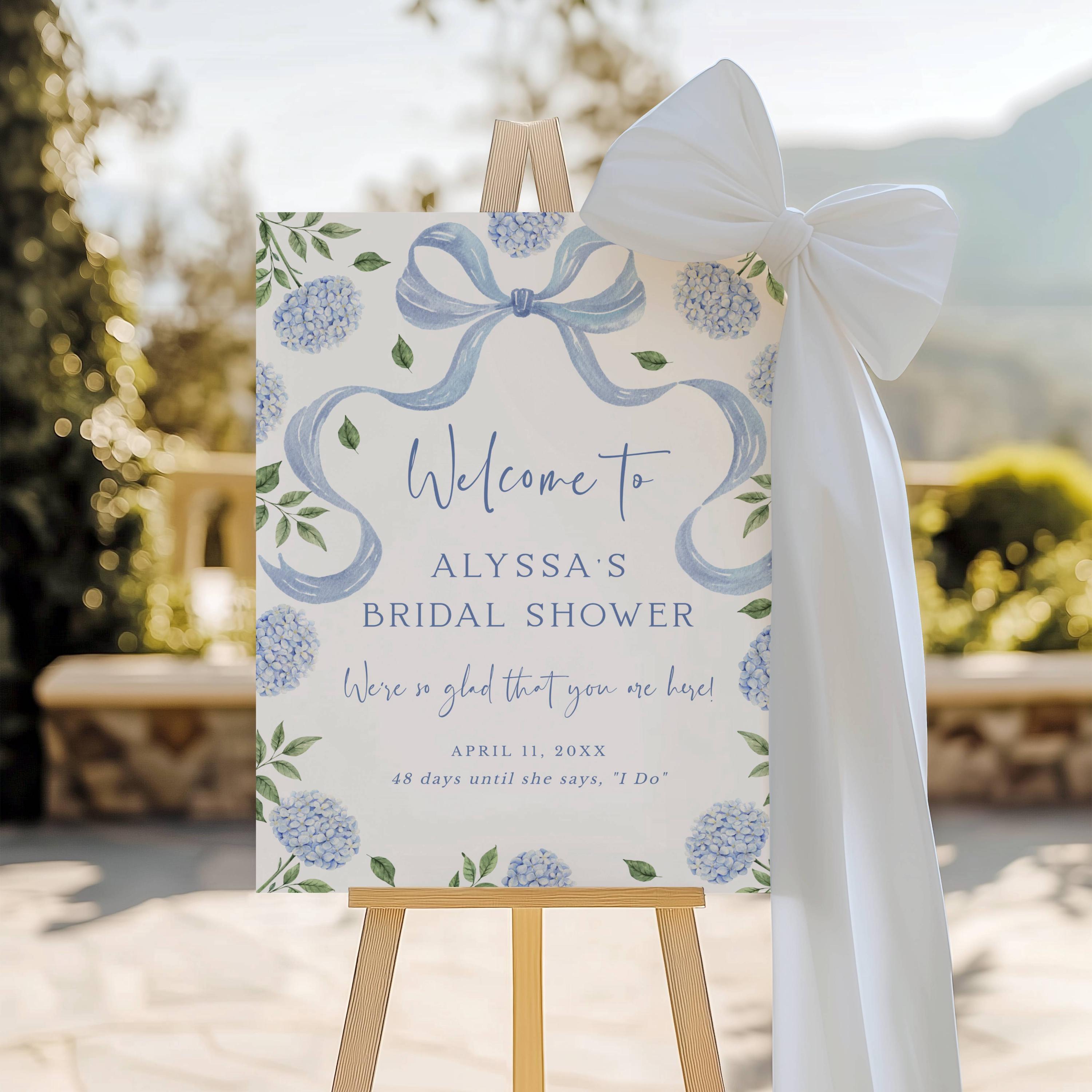 Blue Hydrangea Bridal Shower Welcome Sign | Flowers and Bow Design ...