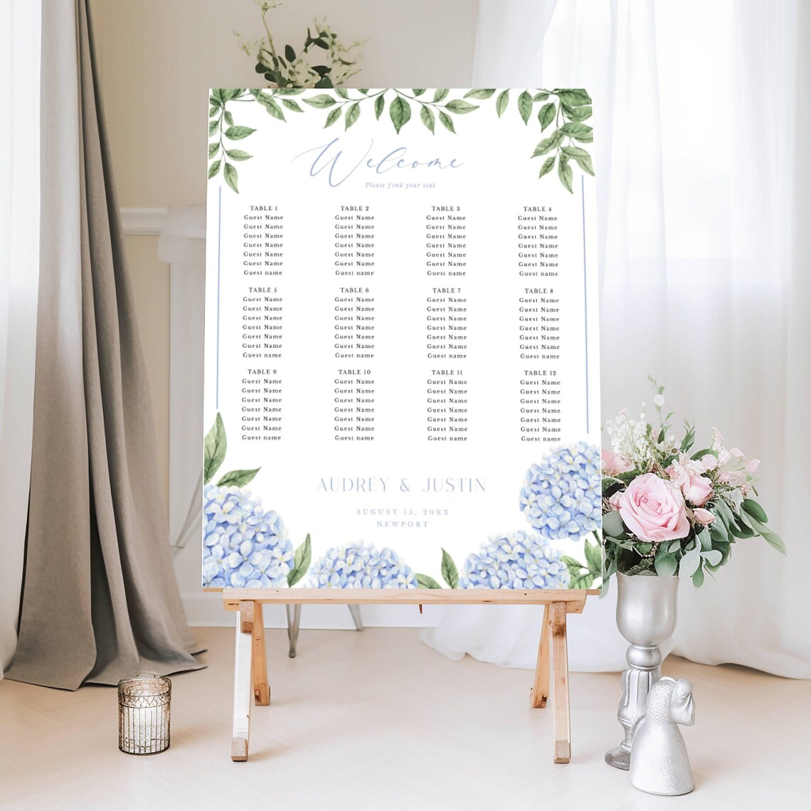 Blue Hydrangea Frame Editable Seating Chart Sign Multiple Sizes, Self ...