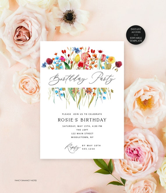 Meadow Wildflower Birthday Party Invitation Template, Mixed Color ...