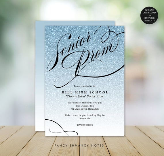 Senior Prom Light Blue Glitter Fancy Script Editable Invitation ...