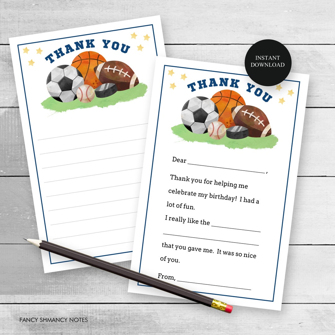 Printable Sports Theme Kids Thank You Notes, Lined or Fill in the Blank ...