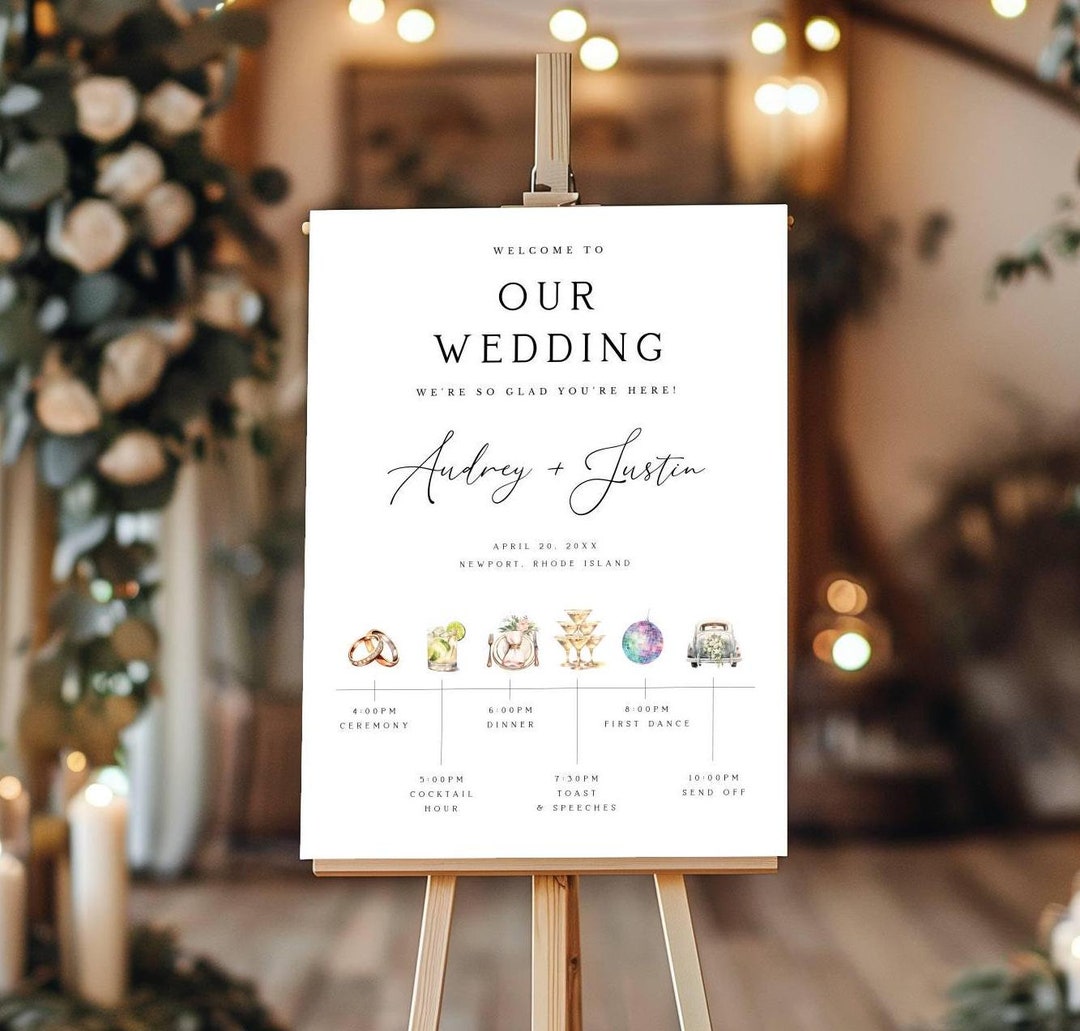 Editable Welcome Sign Board and Timeline Poster Watercolor Wedding ...