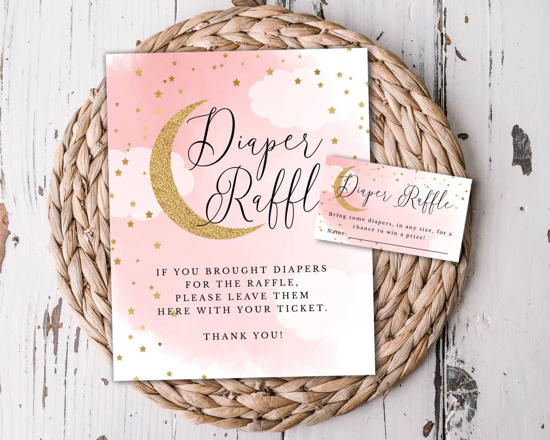 Pink Baby Shower Diaper Raffle Sign & Tickets | Gold Glitter Moon and ...