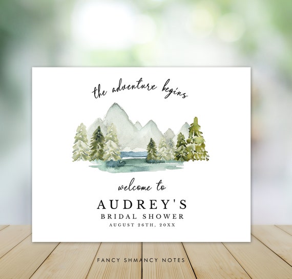 Welcome Sign, Watercolor Mountain Lake Trees, Adventure, Editable ...