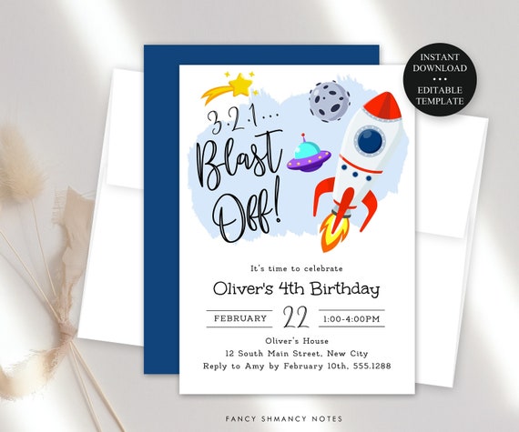 Blast Off Birthday Party Invitation Editable Template, Any Age, Space ...