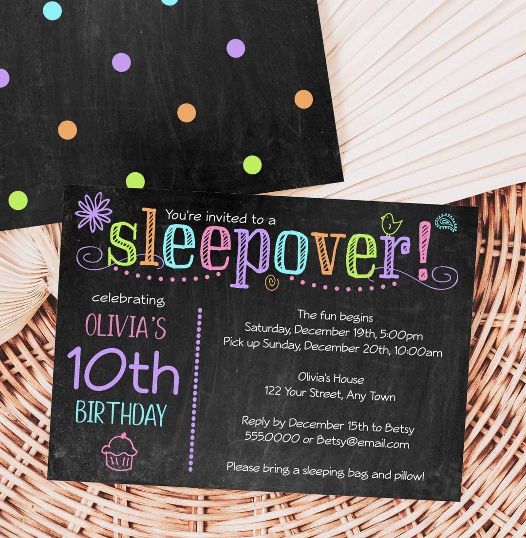 Chalkboard Sleepover Party Invitation, Girl Tween Kids, Edit Yourself ...