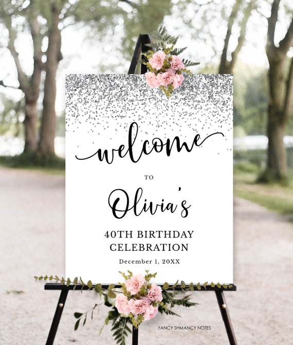 Silver Glitter Confetti Welcome Sign Template, Custom Background Color ...