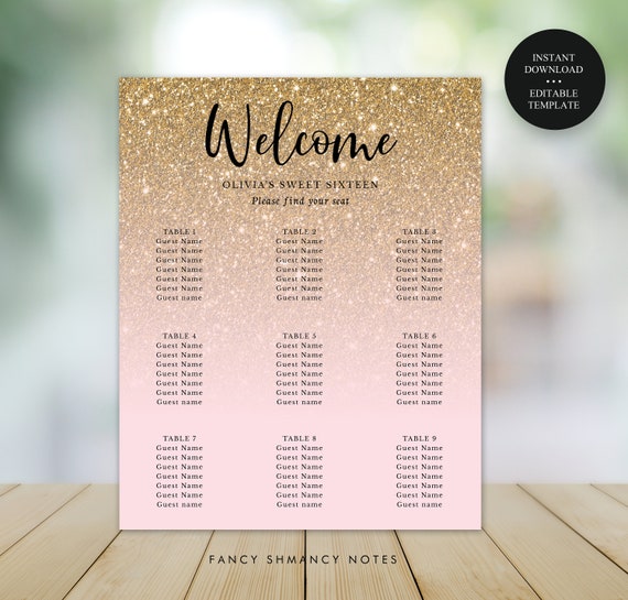 Gold Glitter Fade Seating Chart Sign, Pink-or Any Color-Editable ...