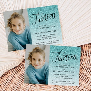 Blue Glitter 13th Birthday Photo Invitation, Thirteen Fancy Script ...