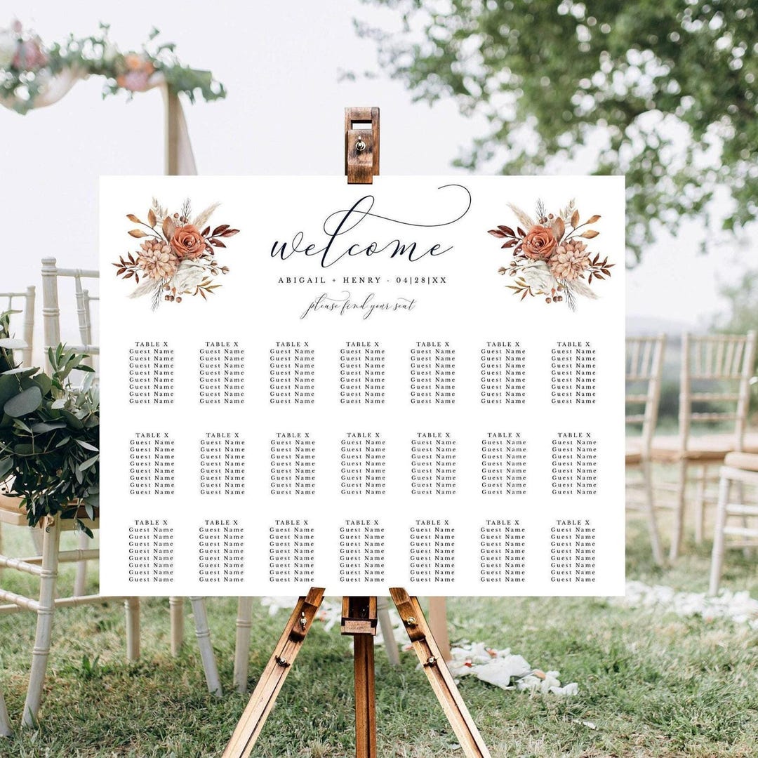 Fall Seating Chart Template, Terracotta Flowers Editable Horizontal ...