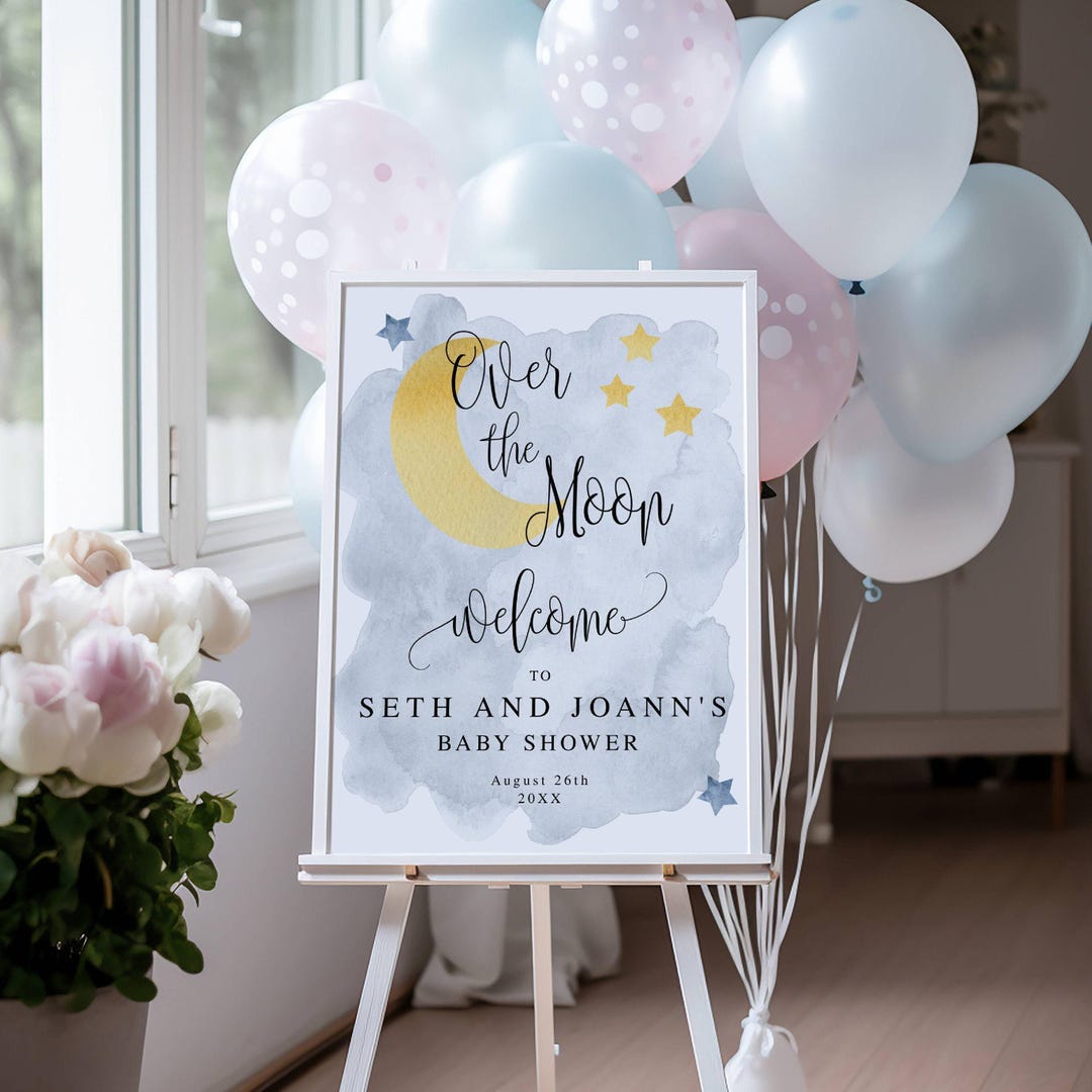 Blue Over the Moon Baby Shower Welcome Sign in 3 Sizes, We're Over the ...