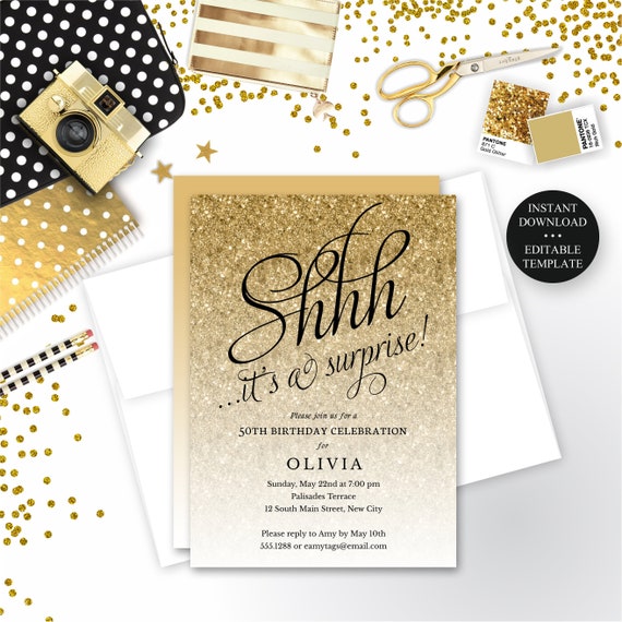 Shhh, Surprise Party Gold Glitter Fancy Script Editable Birthday Party ...