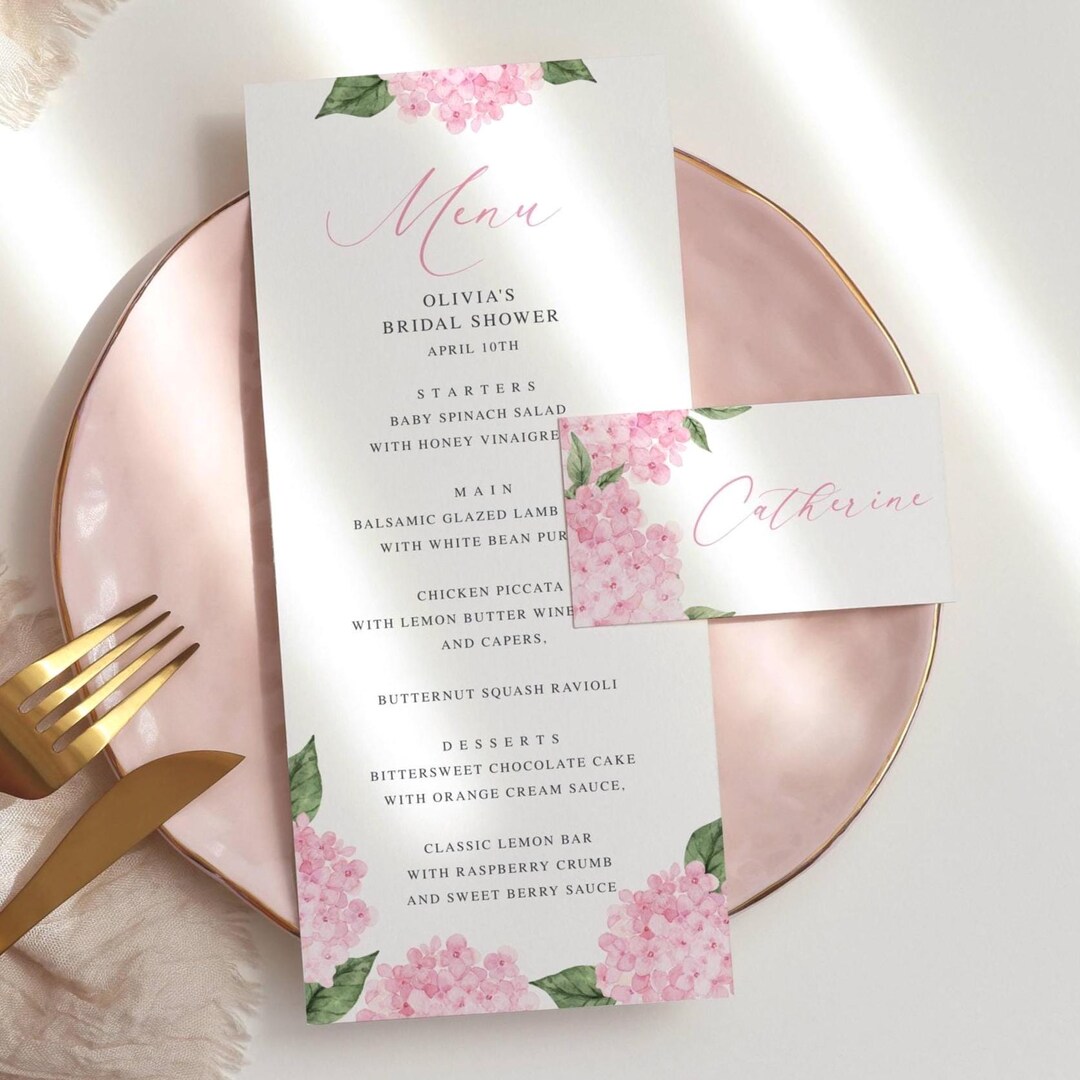 Pink Hydrangea Editable Name Card and Menu Template, DIY Wedding Place ...