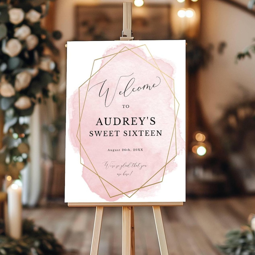 Pink and Gold Editable Welcome Sign Template | Pink Watercolor Gold ...