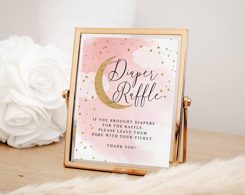 Pink Baby Shower Diaper Raffle Sign & Tickets | Gold Glitter Moon and ...