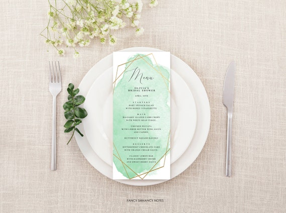Editable Menu Template, Green Watercolor Splash Gold Frame, Print/Text ...