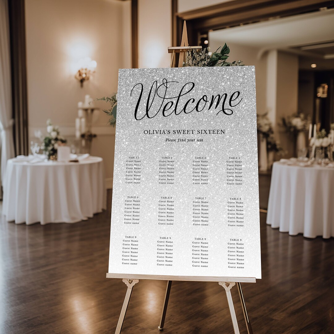 Silver Glitter Editable Seating Chart Sign Edit Yourself, 3 Sizes ...