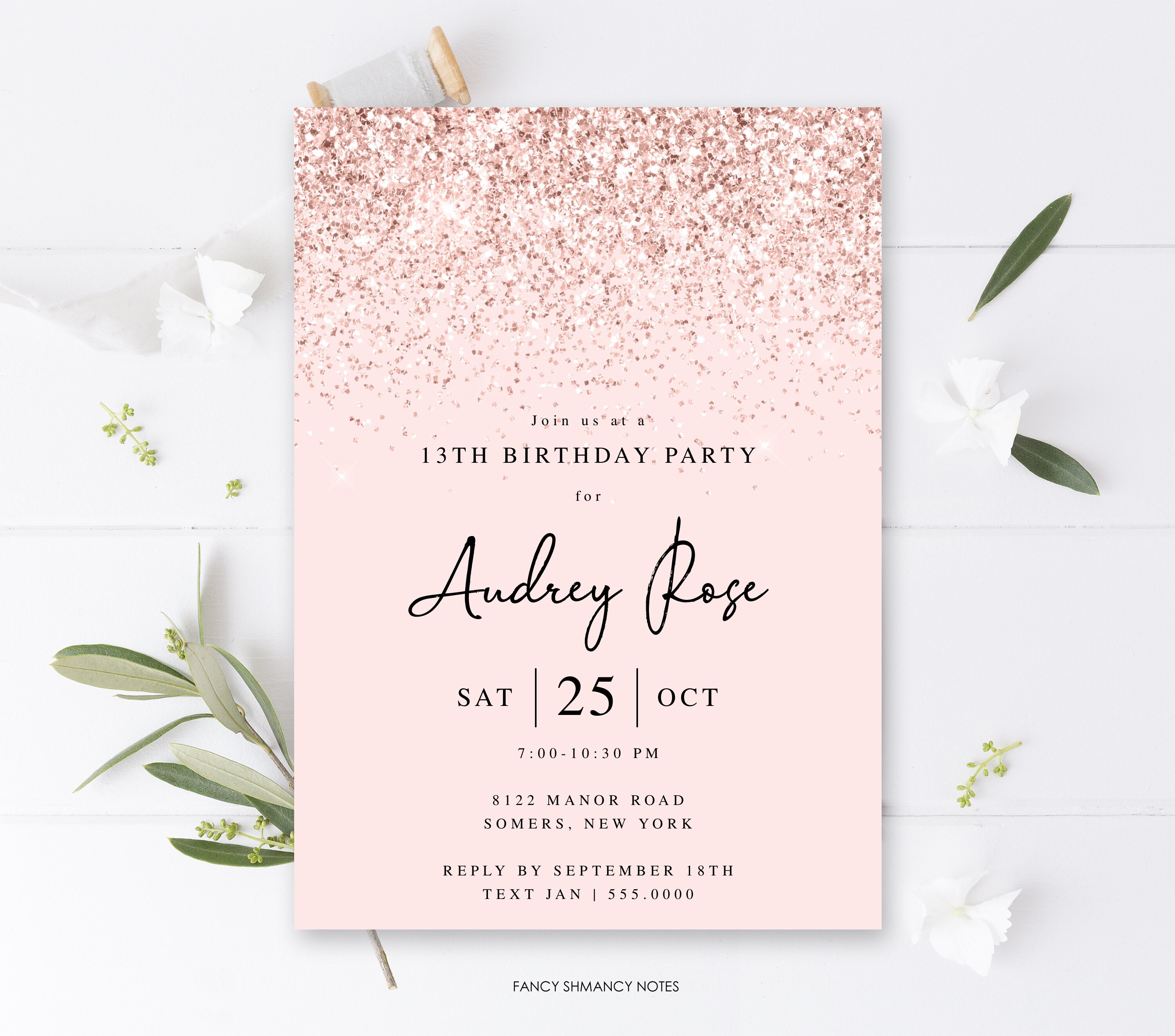 Rose Gold Glitter Birthday Invitations Template/ANY AGE/Pink Glitter ...