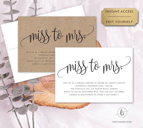 Miss to Mrs. Script Bridal Shower Editable Invitation, Print/Text ...