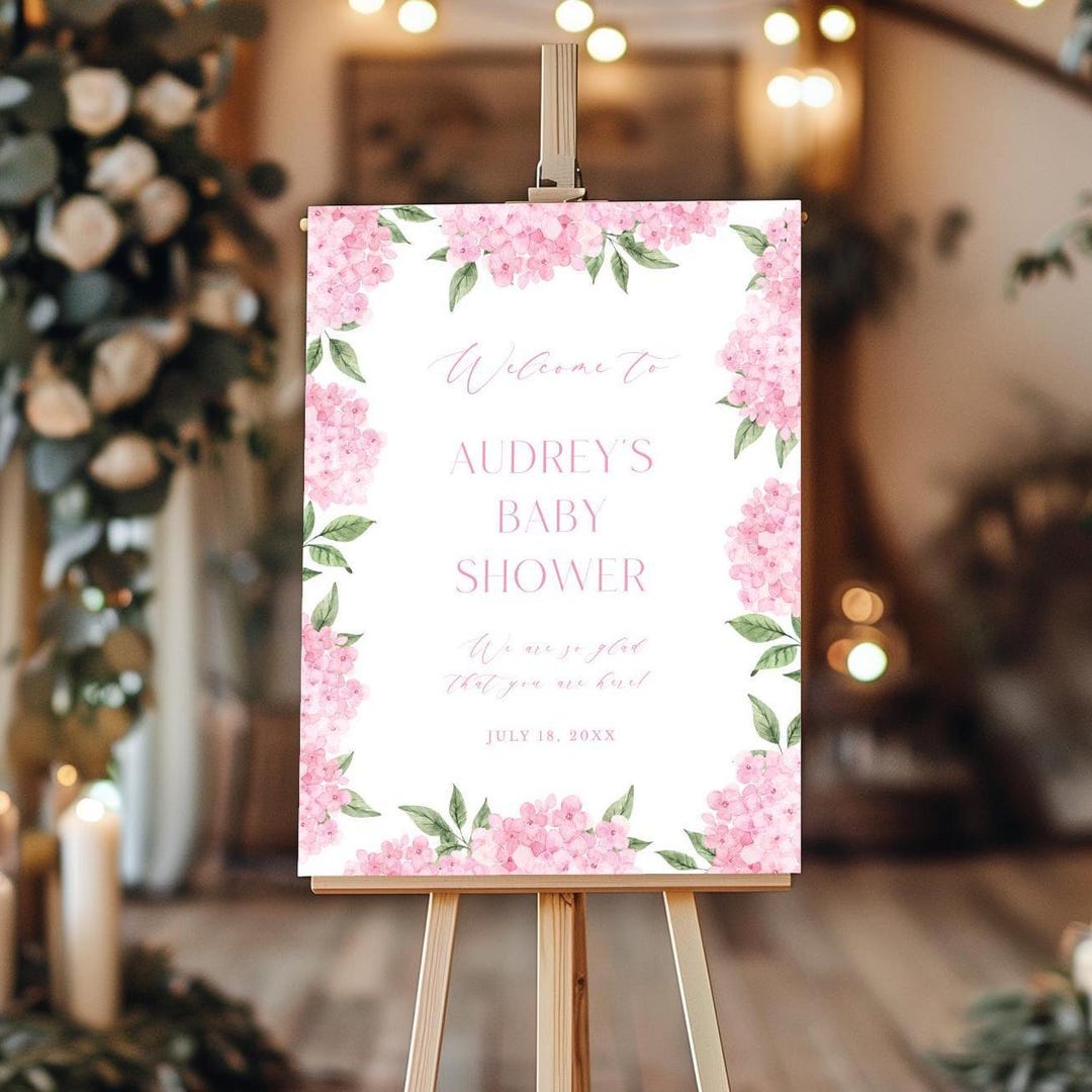 Pink Hydrangea Welcome Sign | Pink Flower Border | 3 Sizes, Edit Online ...