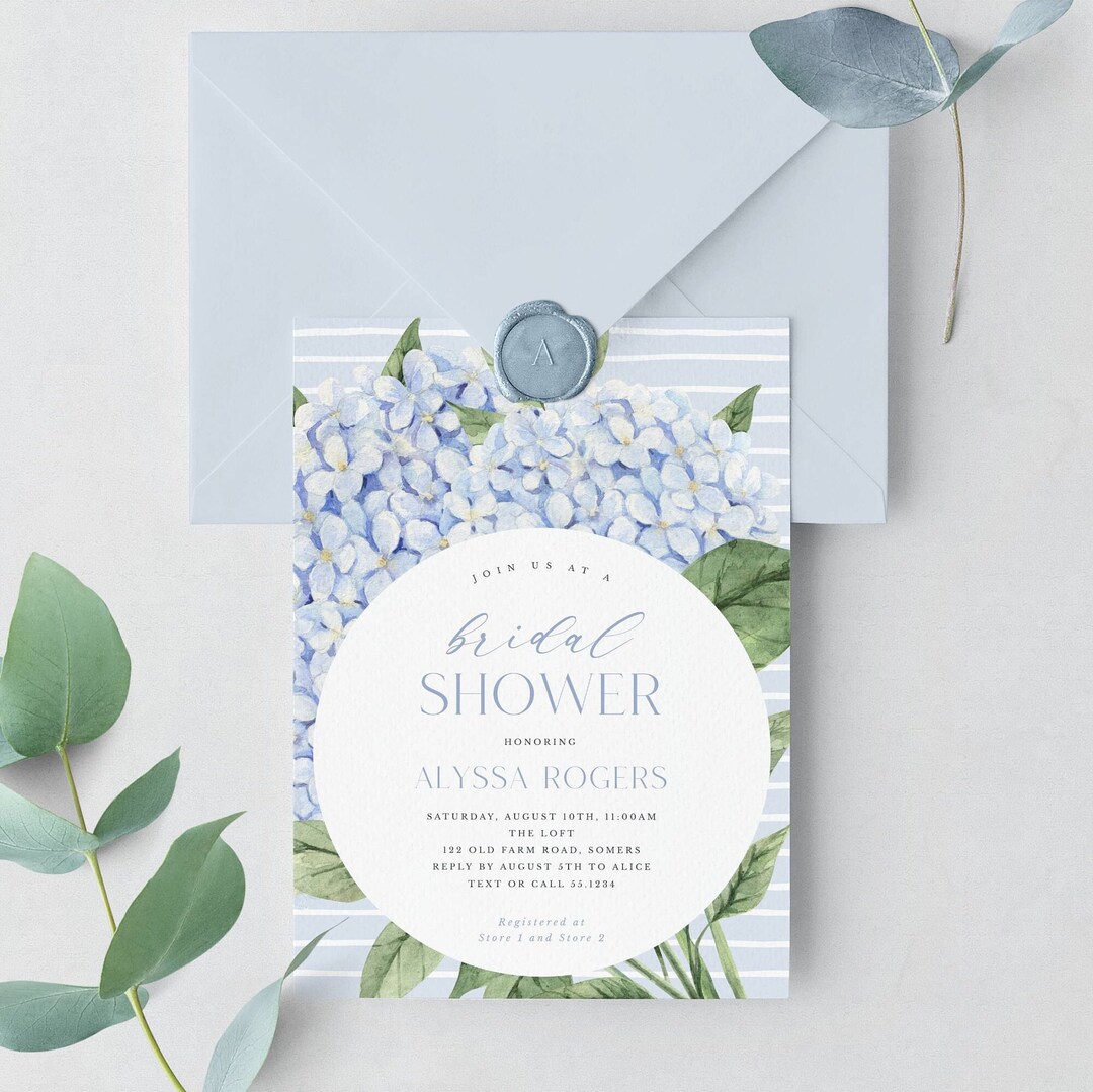 Blue Hydrangea Bridal Shower Editable Invitation Circle Frame Blue ...