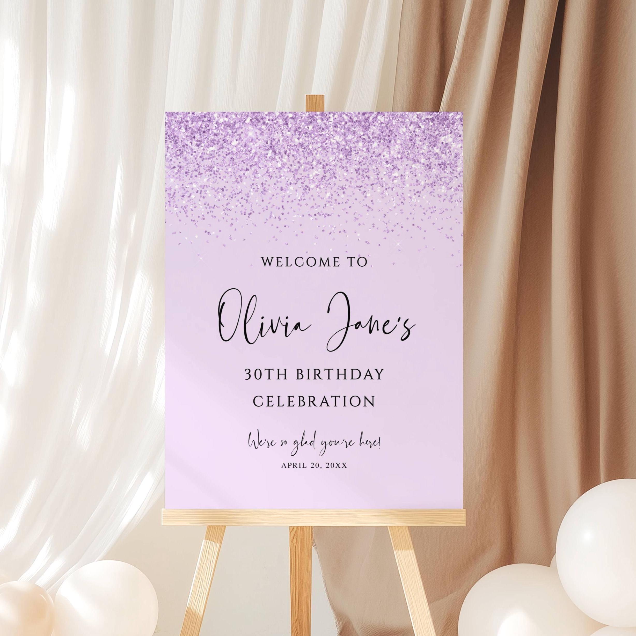 Purple Confetti Glitter Welcome Sign-edit Background Color and Text ...