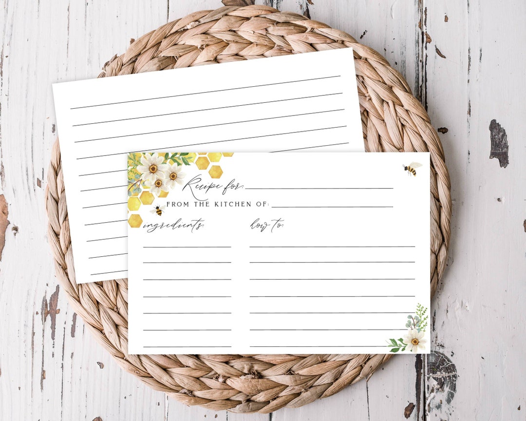 Bee Theme Printable 4x6" Recipe Card Bridal Shower Recipe Card Daisies ...