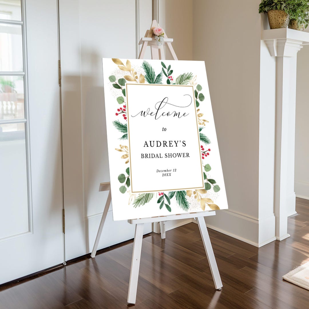 Winter Party Editable Welcome Sign Evergreens and Berries, Gold Frame ...
