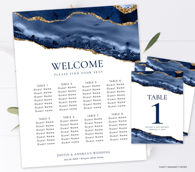 Navy Blue and Gold Agate Editable Seating Chart Sign & Table Number ...