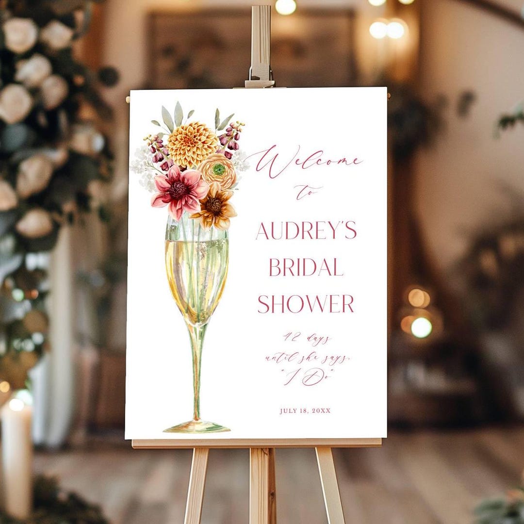 Editable Fall Bridal Shower Welcome Sign, Cut Flowers Watercolor Dahlia ...