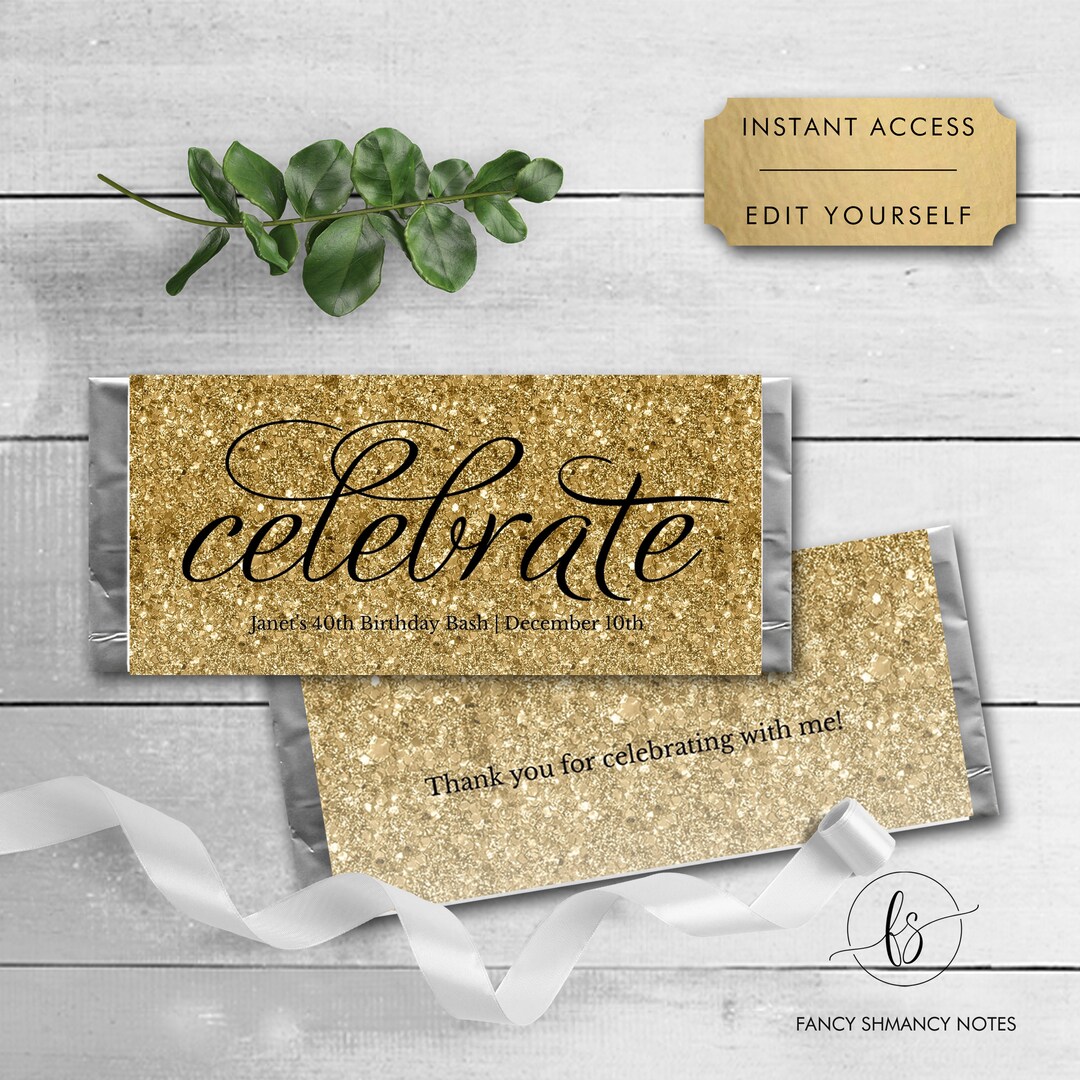 Gold Glitter Editable Candy Bar Wrappercelebrate Fancy Scrip, Print at ...