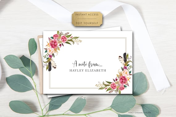 Watercolor Boho Flowers Editable Thank You Folded Note Card, Printable ...