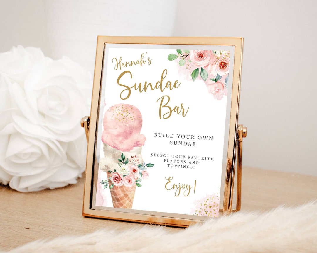 Sundae Bar Editable Template, Pink Flowers and Ice Cream Cone, Bridal ...