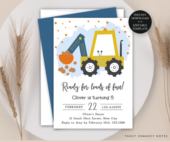 Construction Digger Truck Birthday Party Invitation Editable Template ...